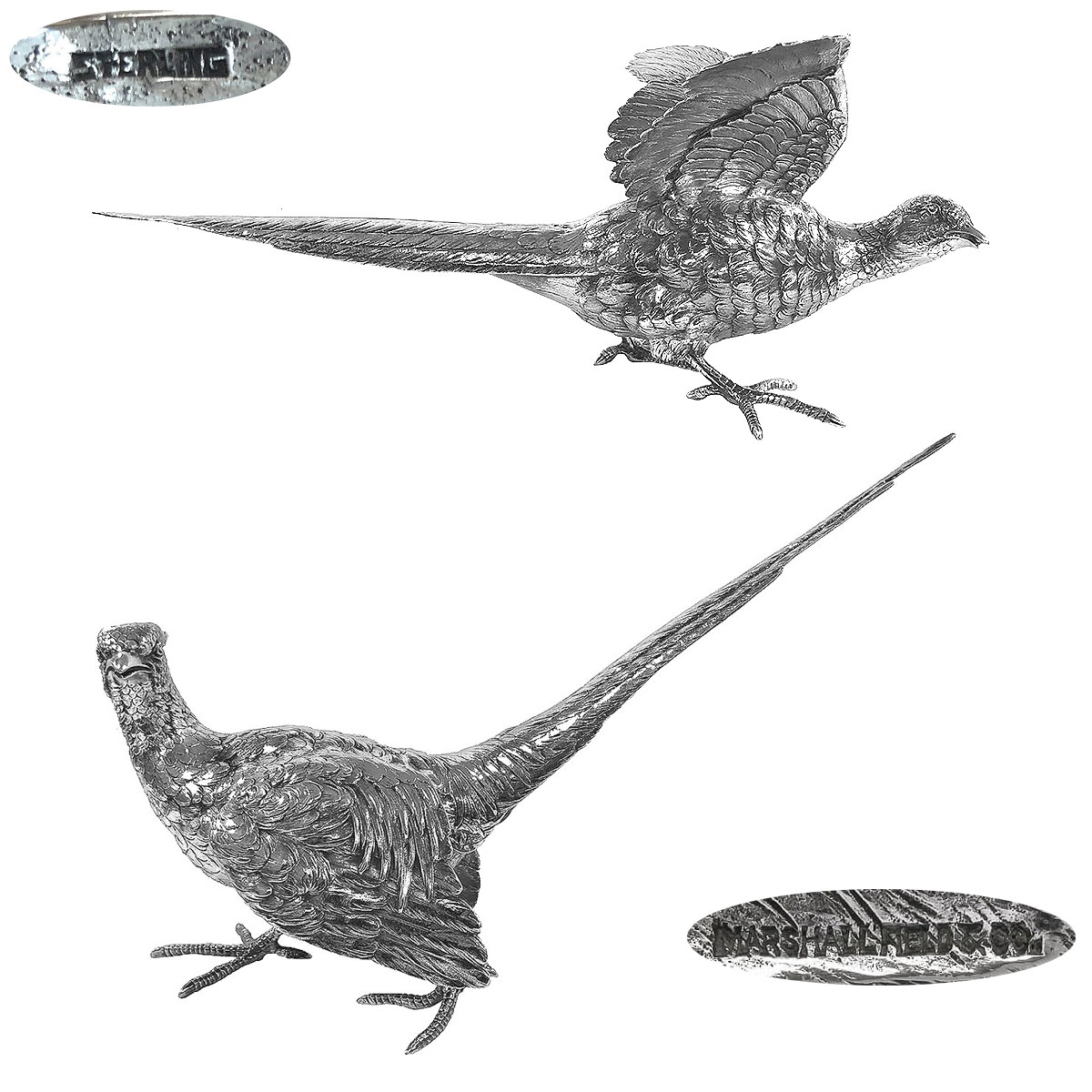 Large Pair Sterling Silver Pheasants 1960